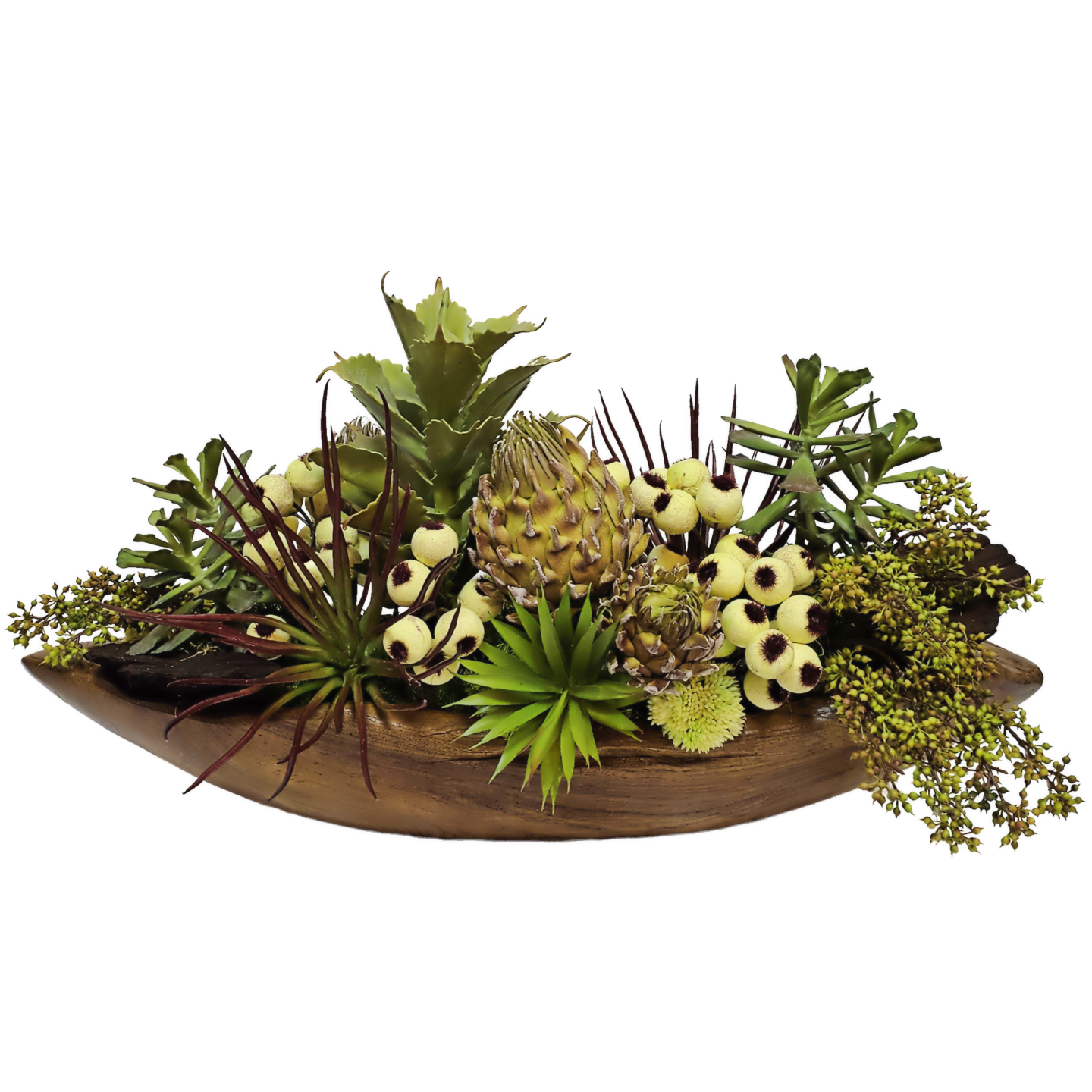 Agave with Pods and Berris in Teak Wood Boat. 12"H – LDF Silk