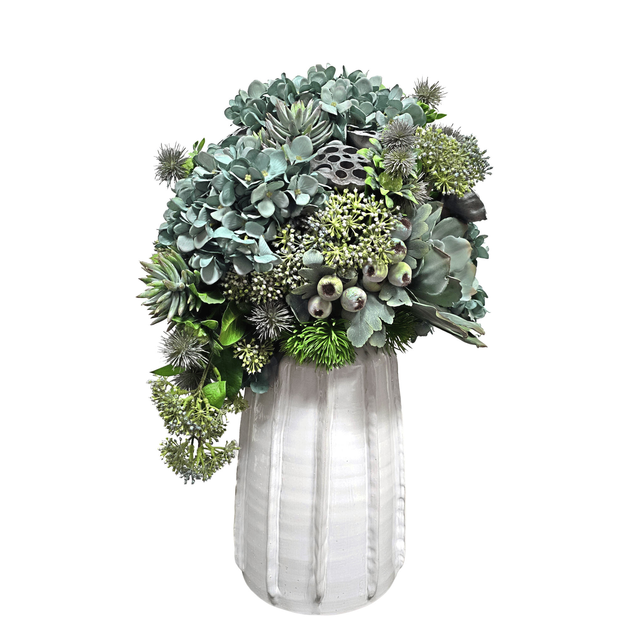 Mixed Hydrangeas, Allium, Succulent, Thistle and Lotus Pods. FH: 26"H ...