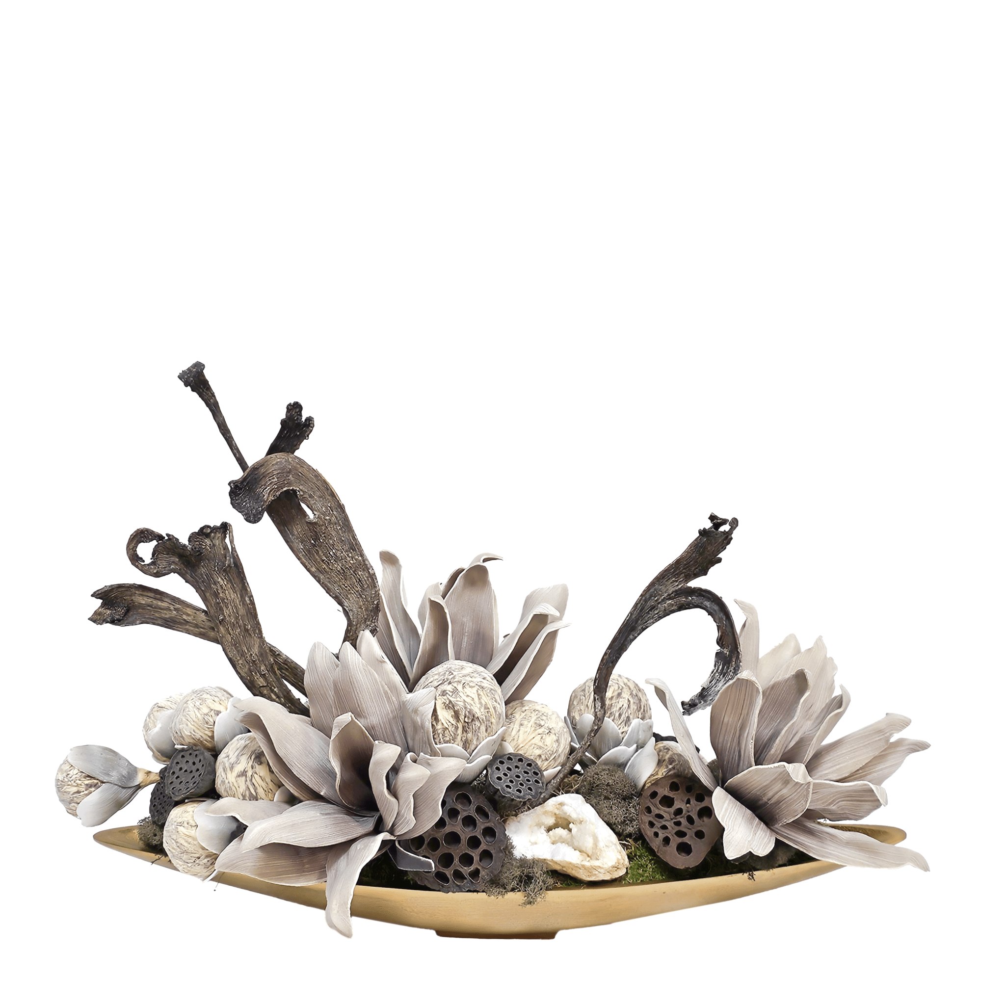 Natrag, Geode, Flowers and Lotus Pods in Metal Boat 18"H – LDF Silk