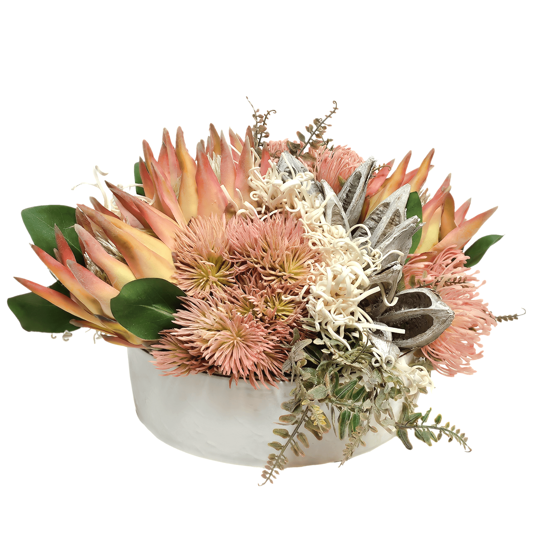 Protea, Sora Pods and Thistle in Ceramic Bowl 12"H – LDF Silk