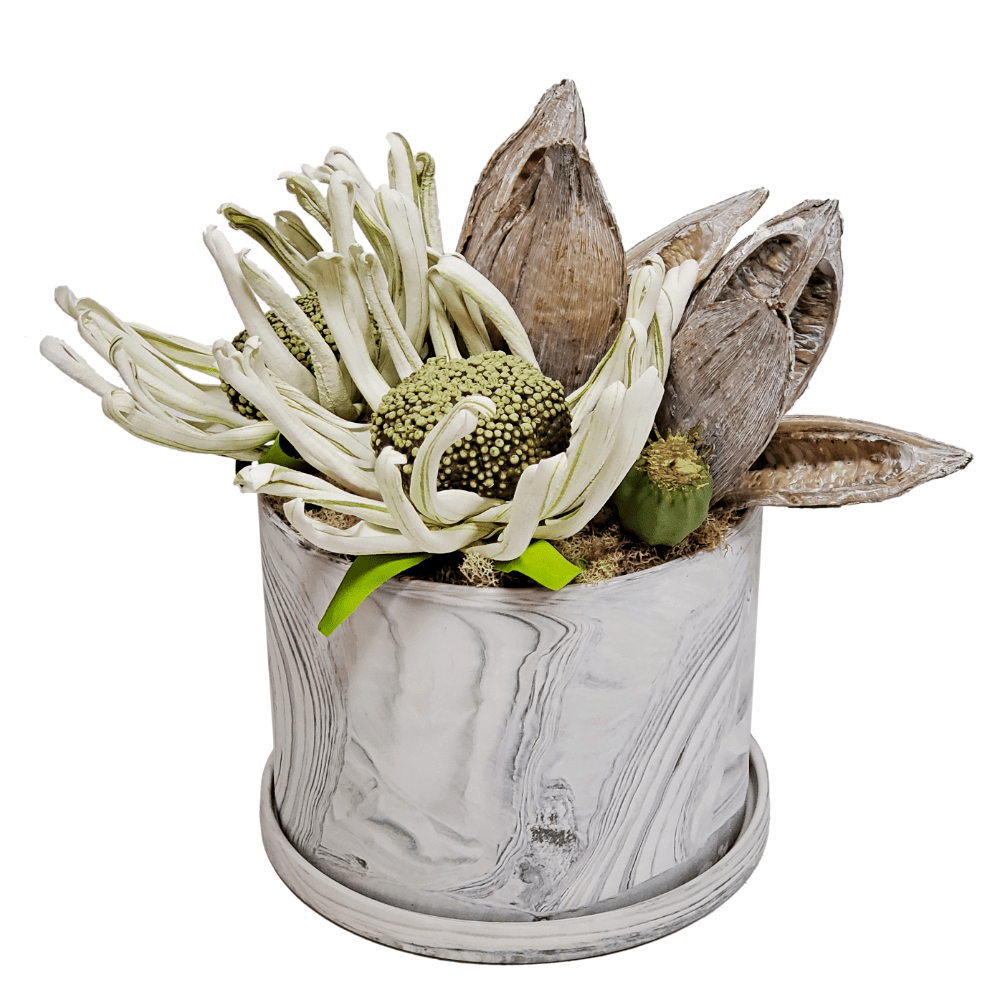 Foam Flowers, Dried Sora Pods and Pods in Ceramic 9"H – LDF Silk